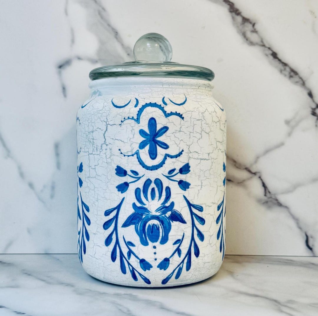 Royal Blue & White Folkart Cookie Jar/canister, Kitchen, 64ozs, 1/2 Gal ...