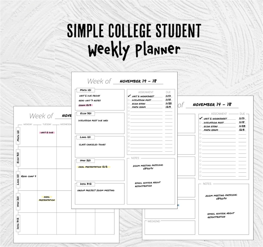 Simple College Student Weekly Planner | Digital or Printable - Etsy