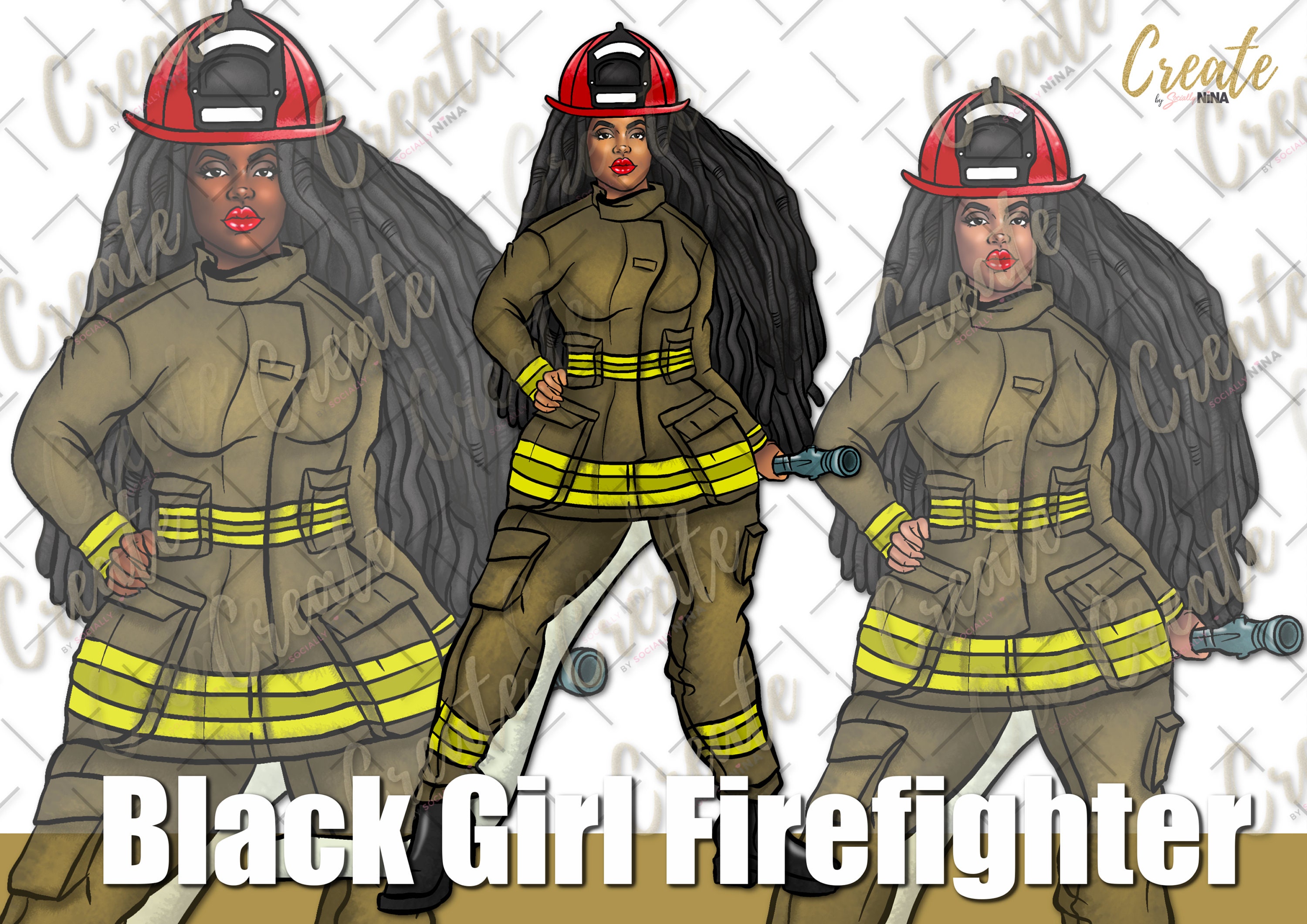 Black Firefighter Curvy Dark Skin Woman Hero Clipart | Etsy