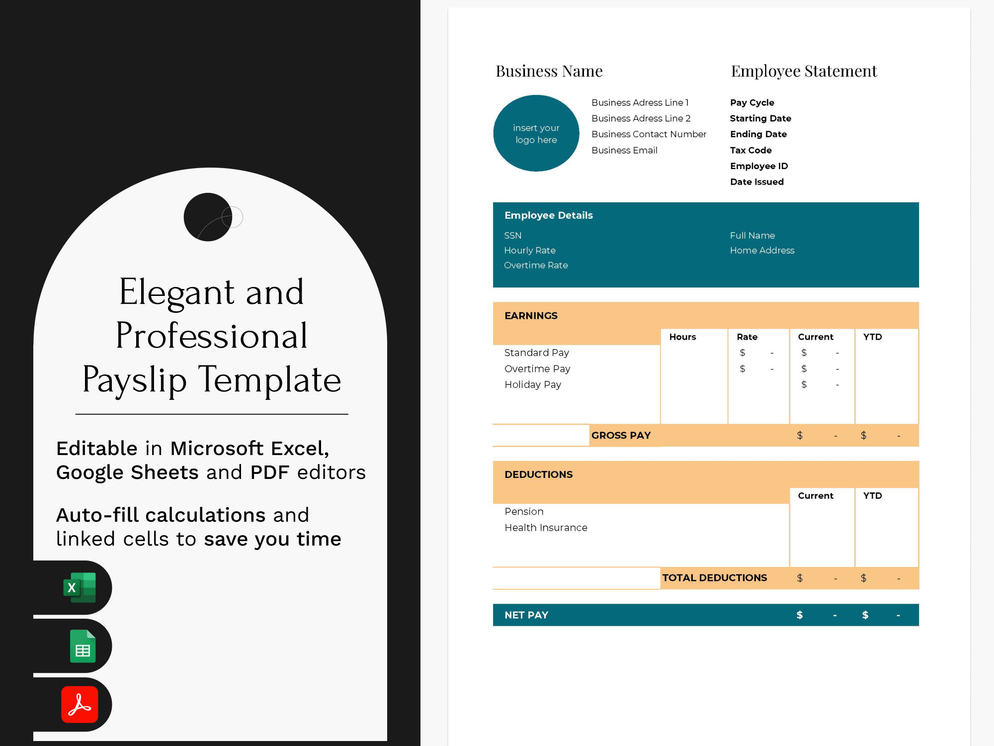 Professional, Elegant Payslip Template | Employee Pay Stub | Payroll ...