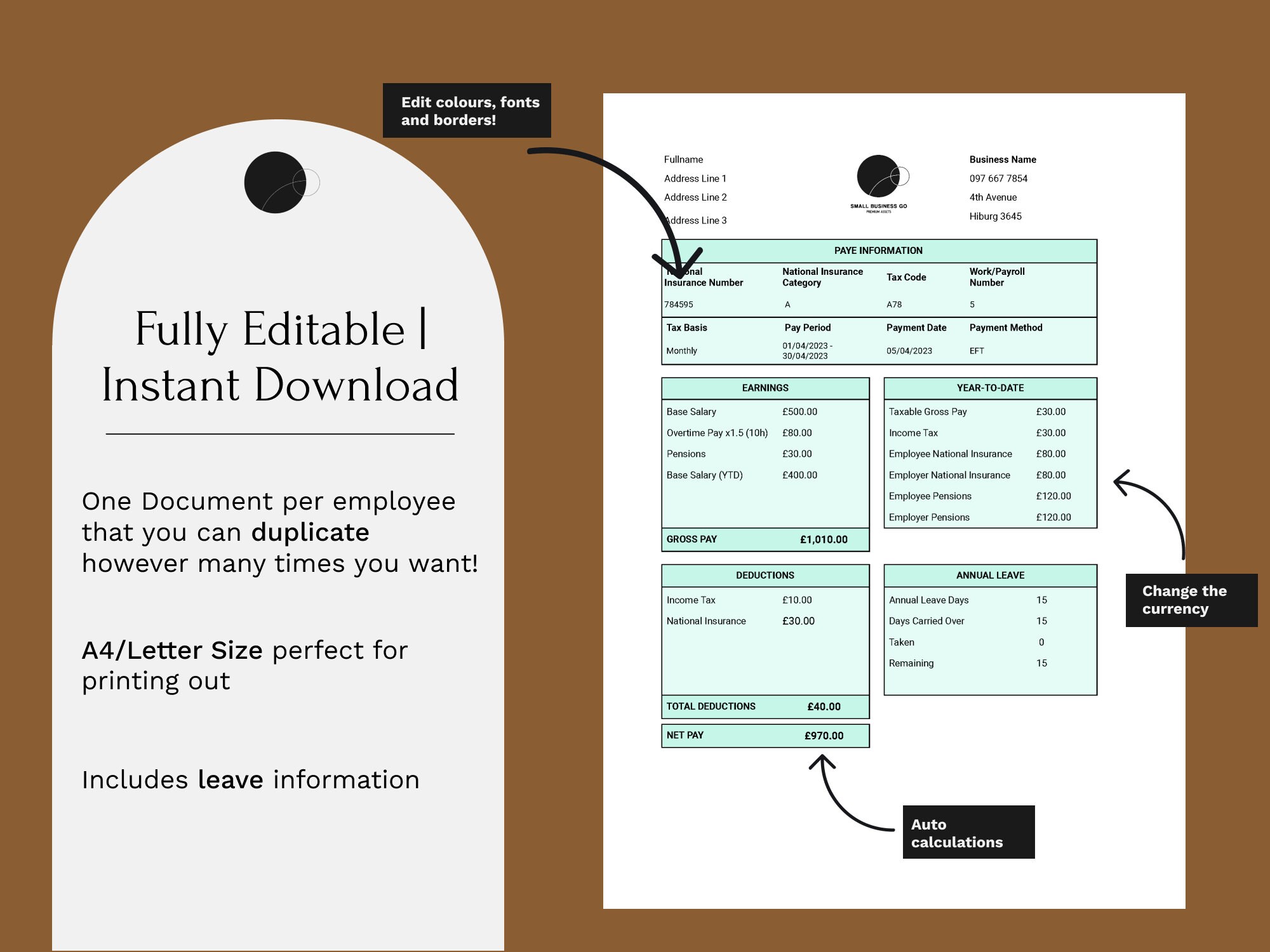 Editable Payslip Template: Employee Pay Stub Excel (digital Download ...