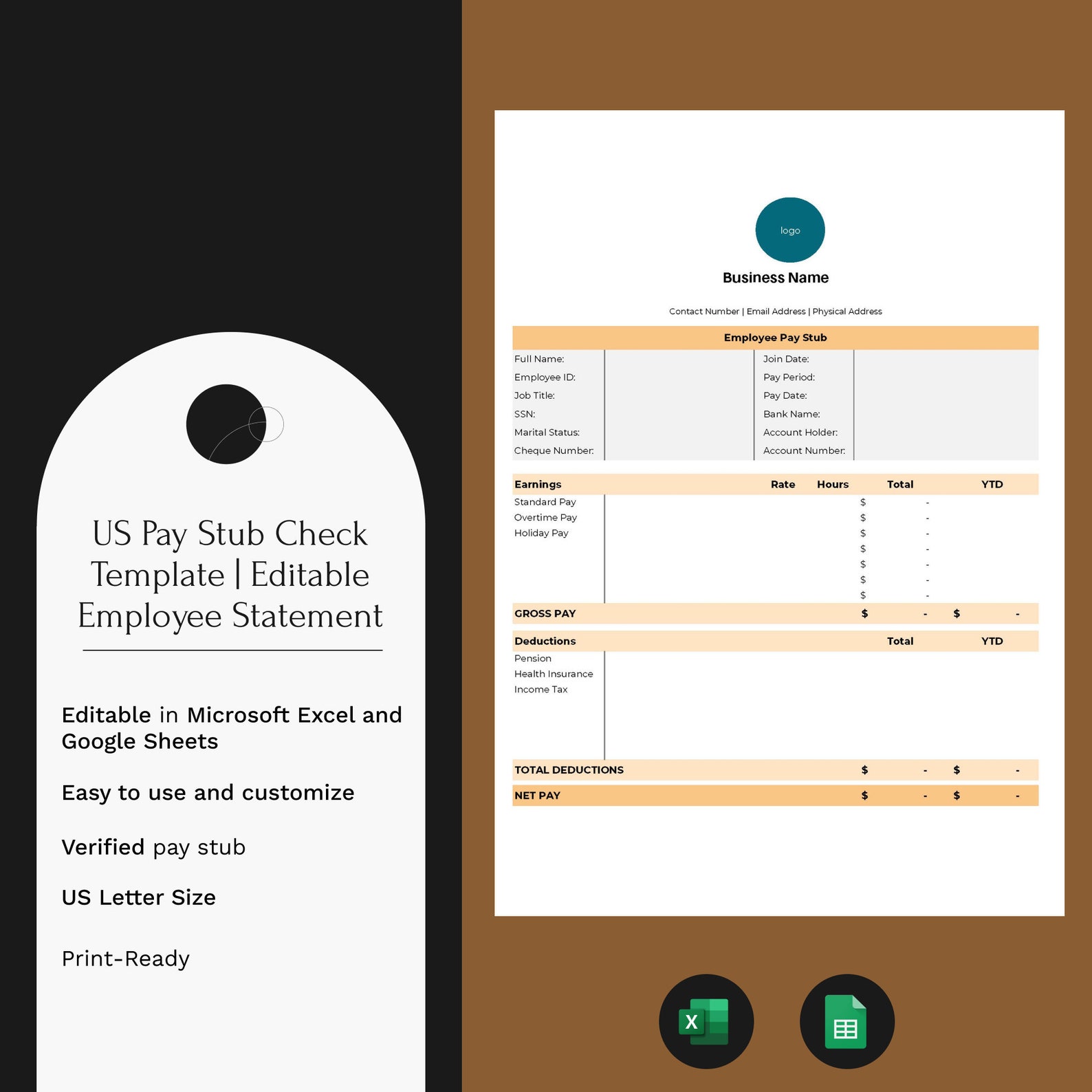 US Pay Stub Check Template | Editable & Customizable Employee Statement ...