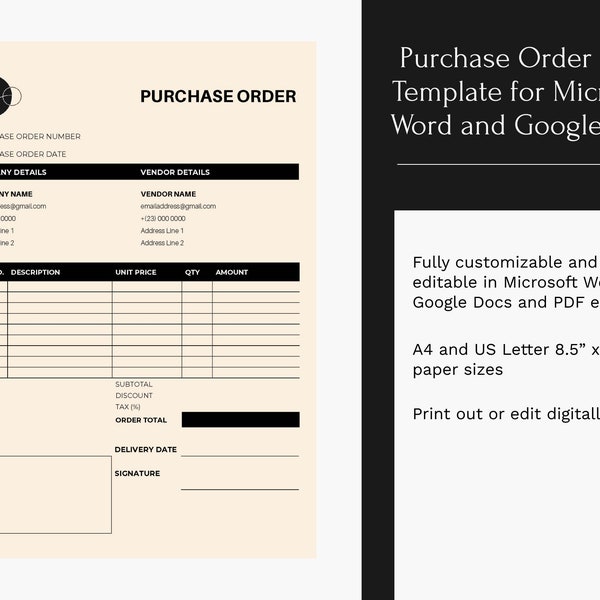 Word Purchase Order Template - Etsy