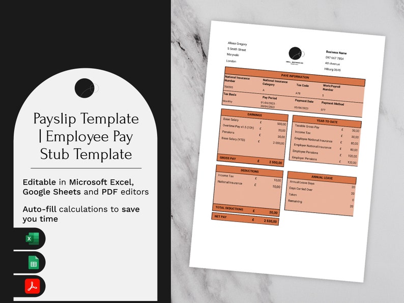 Editable Payslip Template: Employee Pay Stub Excel (digital Download ...