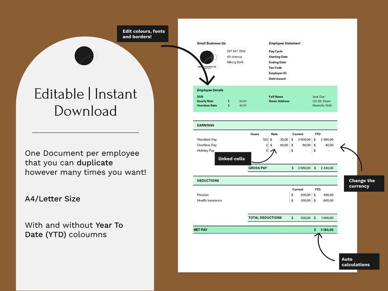 Payslip Template | Employee Pay Stub | Payroll Check Template ...