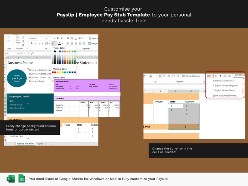 Editable Employee Payslip Template: Excel & Google Sheets (digital ...