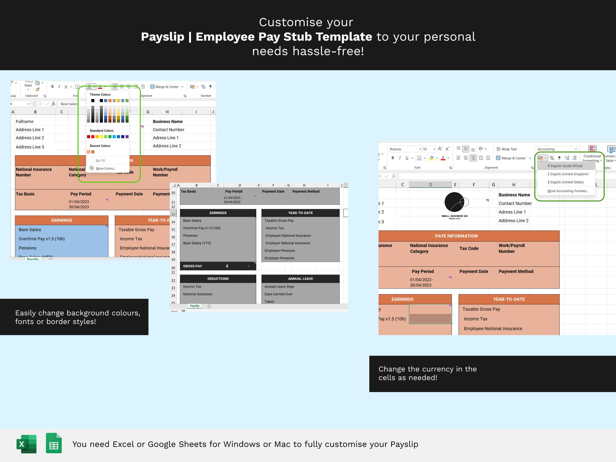 Editable Payslip Template: Employee Pay Stub Excel (digital Download ...