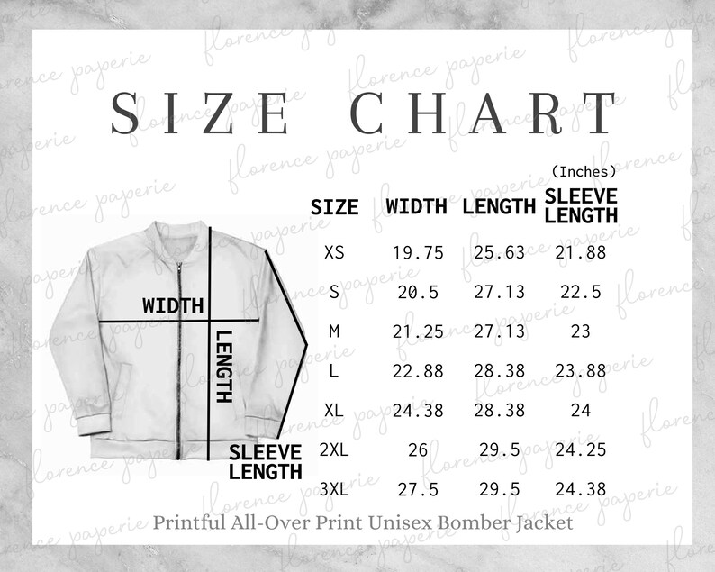 Printful All-over Print Unisex Bomber Jacket Size Chart, Downloadable ...