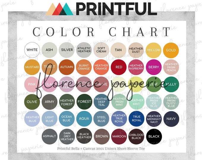 2023 Printful Bella Canvas 3001 Color Chart, Bella Canvas Unisex Tshirt ...