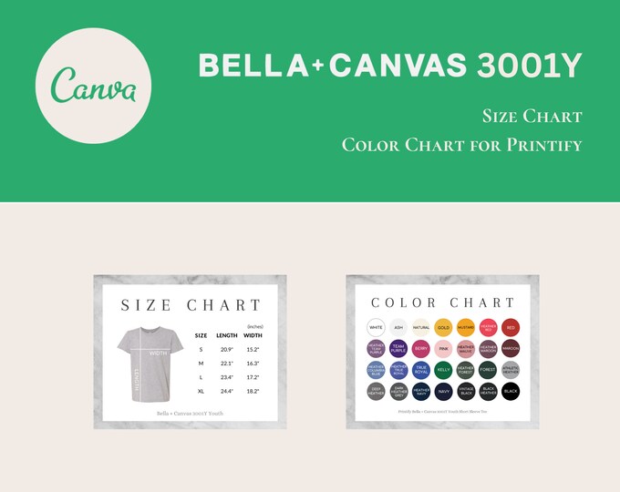 2023 Editable Youth Bella Canvas 3001Y BUNDLE Color Chart and Size ...