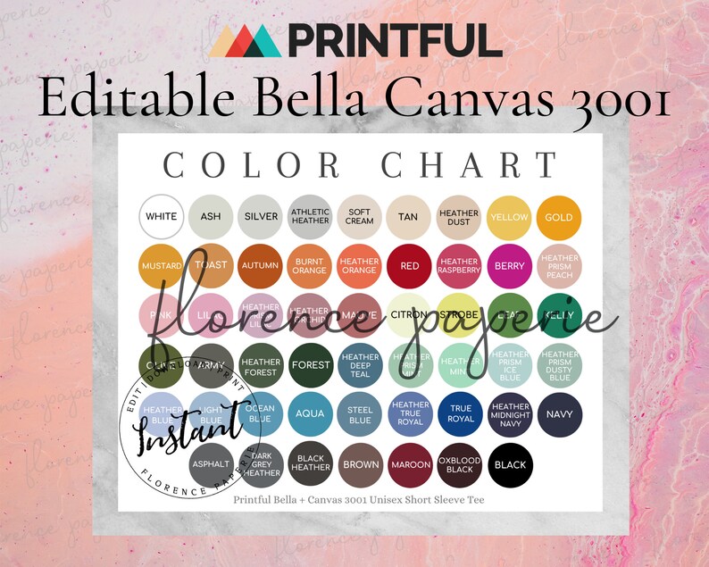 2023 Editable Bella Canvas 3001 BUNDLE Color Chart and Size Chart ...