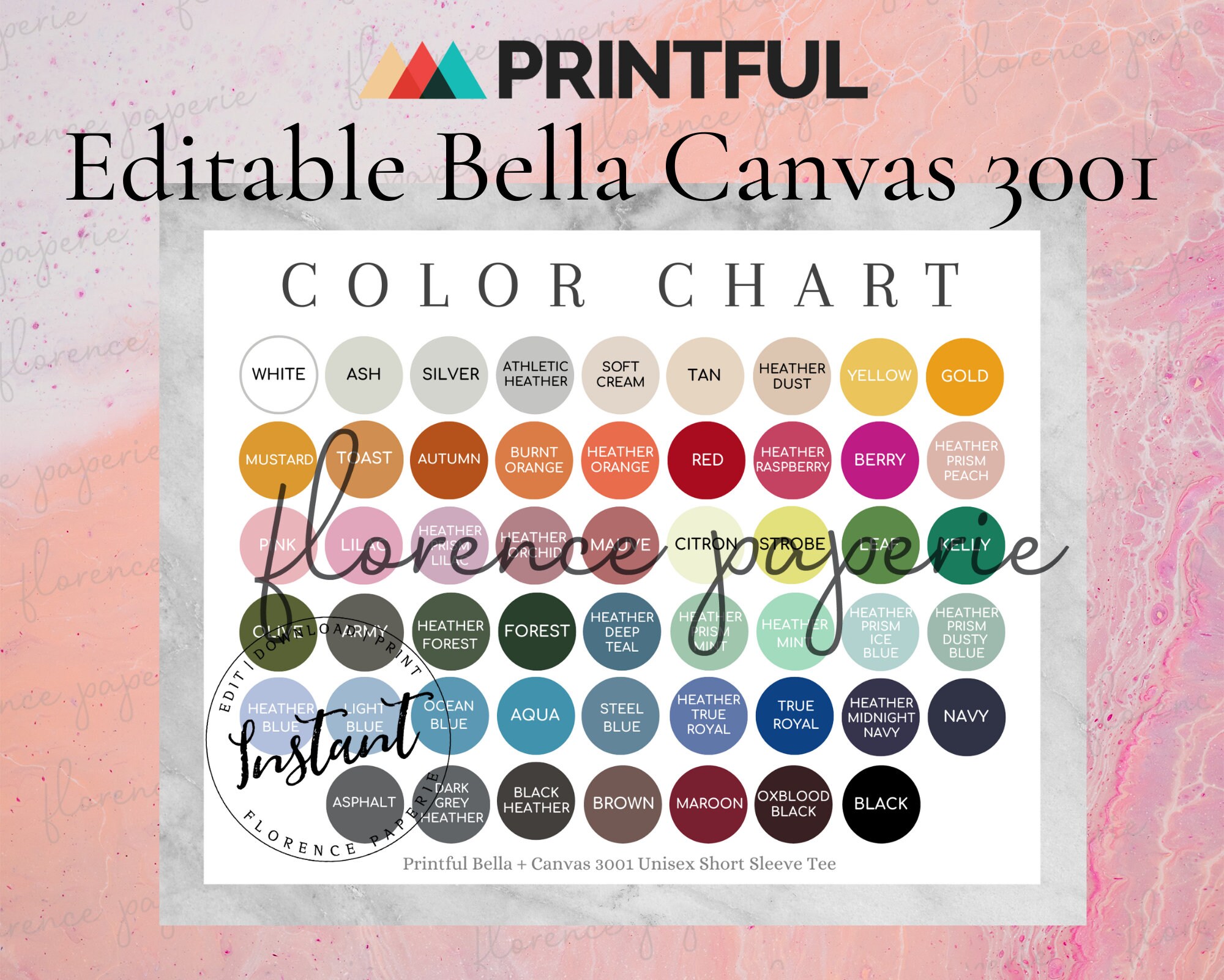 2023 Editable Bella Canvas 3001 BUNDLE Color Chart and Size Chart ...