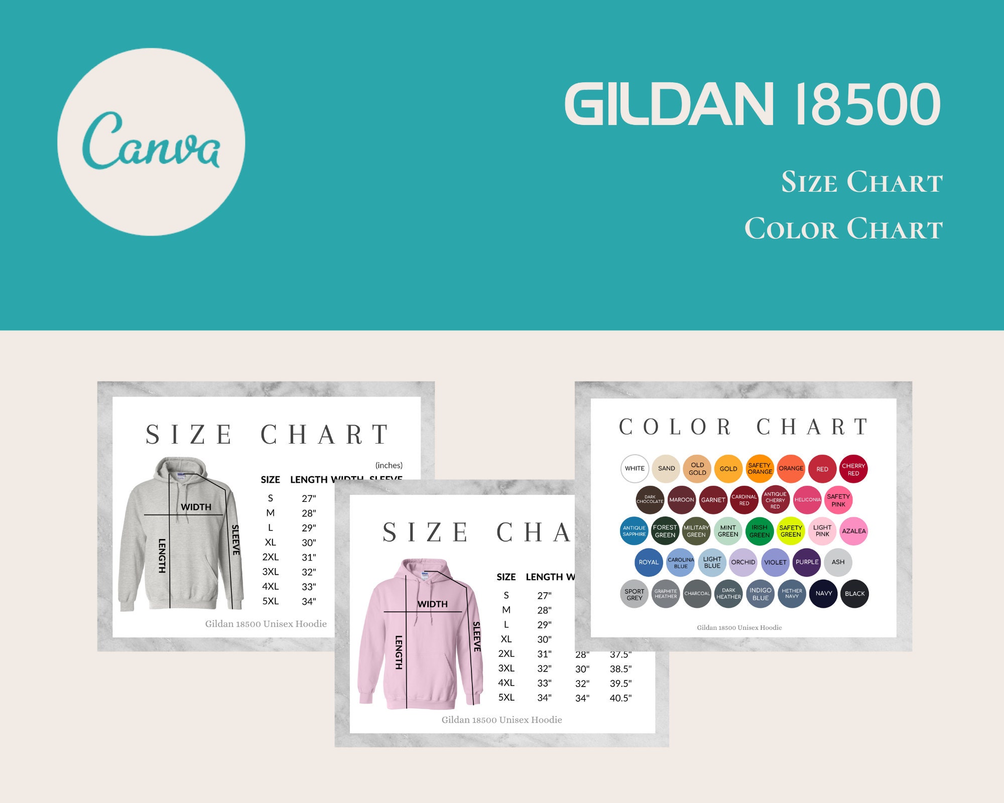 2023 Editable Gildan 18500 Hoodie Color Chart and Size Chart ...