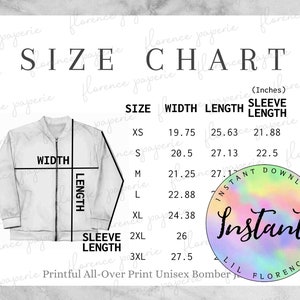 Printful All-over Print Unisex Bomber Jacket Size Chart, Downloadable ...