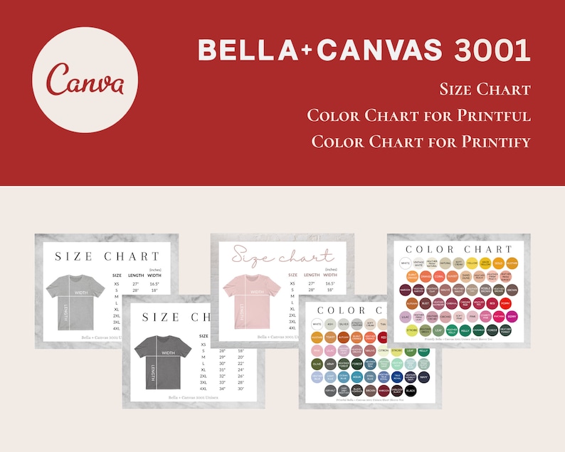 2023 Editable Bella Canvas 3001 BUNDLE Color Chart and Size Chart ...