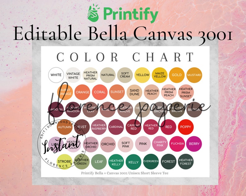 2023 Editable Bella Canvas 3001 BUNDLE Color Chart and Size Chart ...