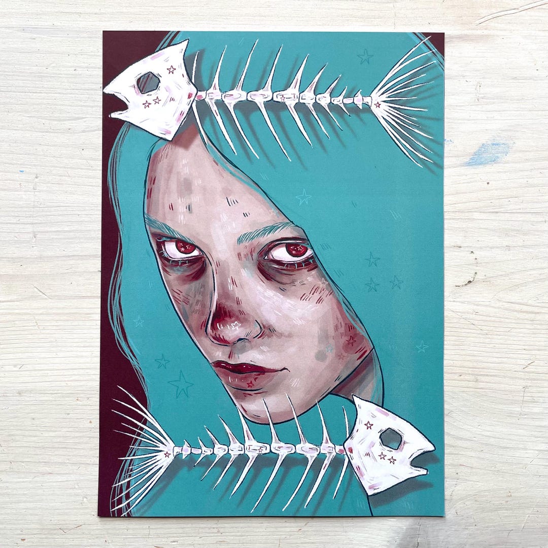 Fish Bone Art Print A5 | Wall Decor, Illustration, Home Decor, Colorful ...