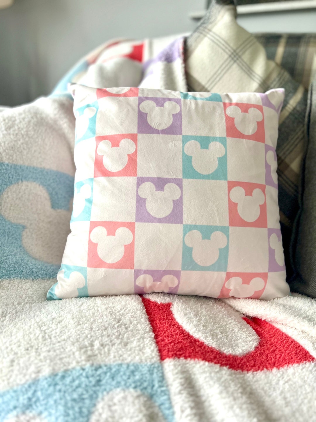 PILLOW Pastel Mickey Mouse Check Pattern Disney Baby Kids Nursery Room ...