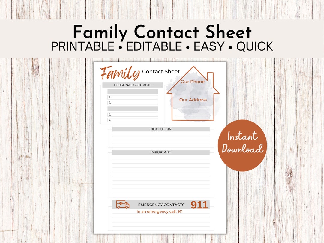 Family Emergency Contact Sheet, Babysitter Contact List, Emergency ...