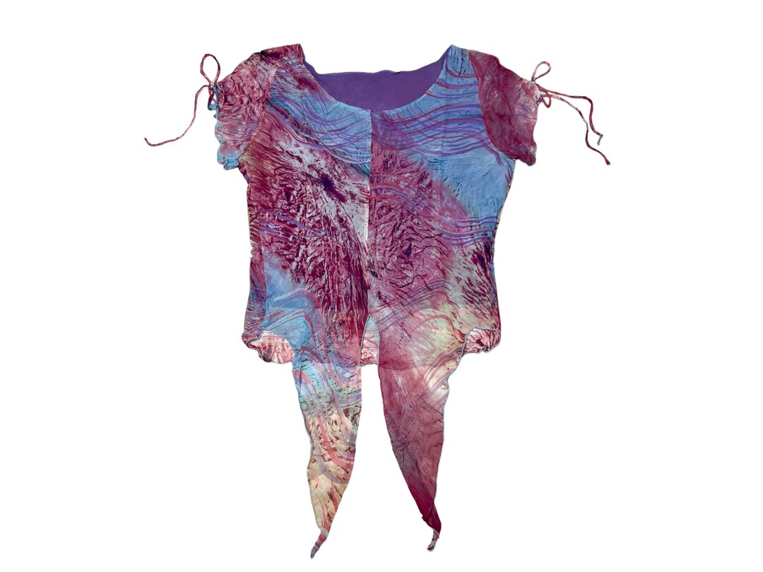 Y2K Vintage Whimsical Crepe Georgette Silk Top Fairy Abstract Print Asymmetric Hem Contrast ...