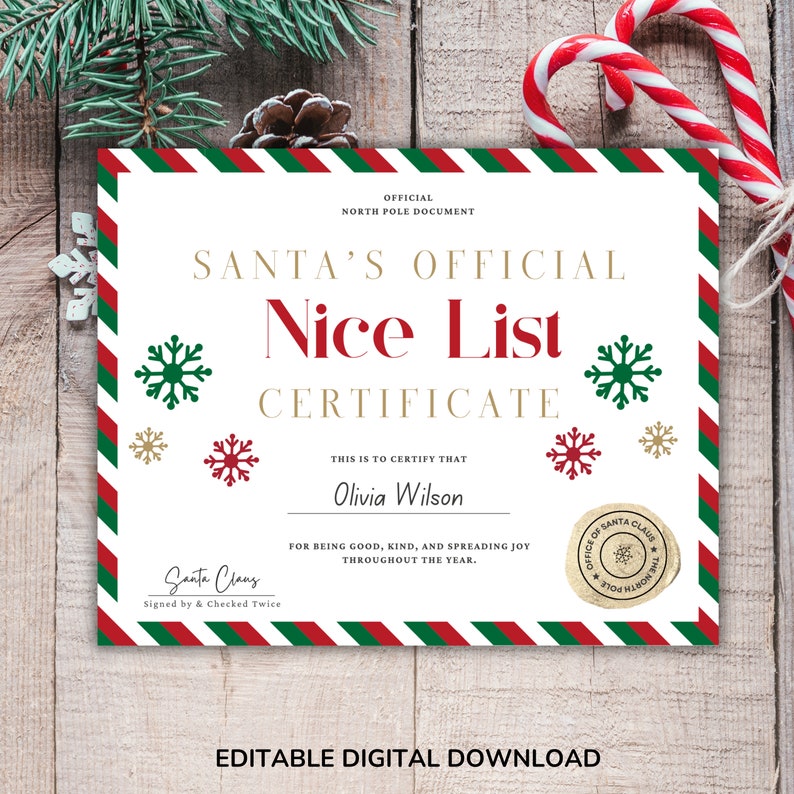 Editable Letter From Santa Printable Offical Nice List Certificate ...