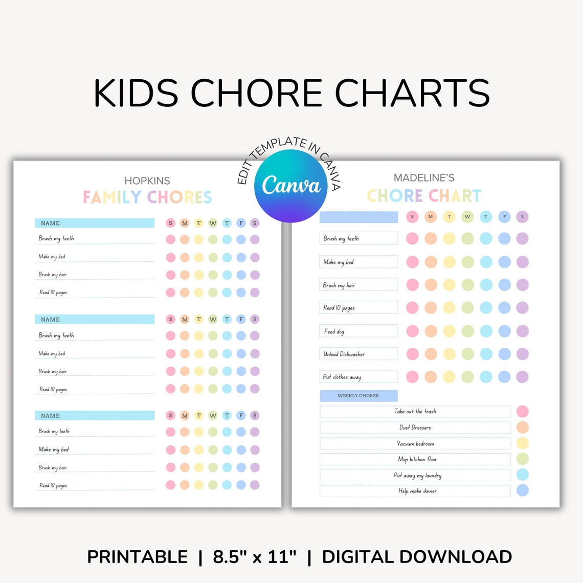 Editable Kids Chore Chart, Daily and Weekly Chore Chart, Personalize ...