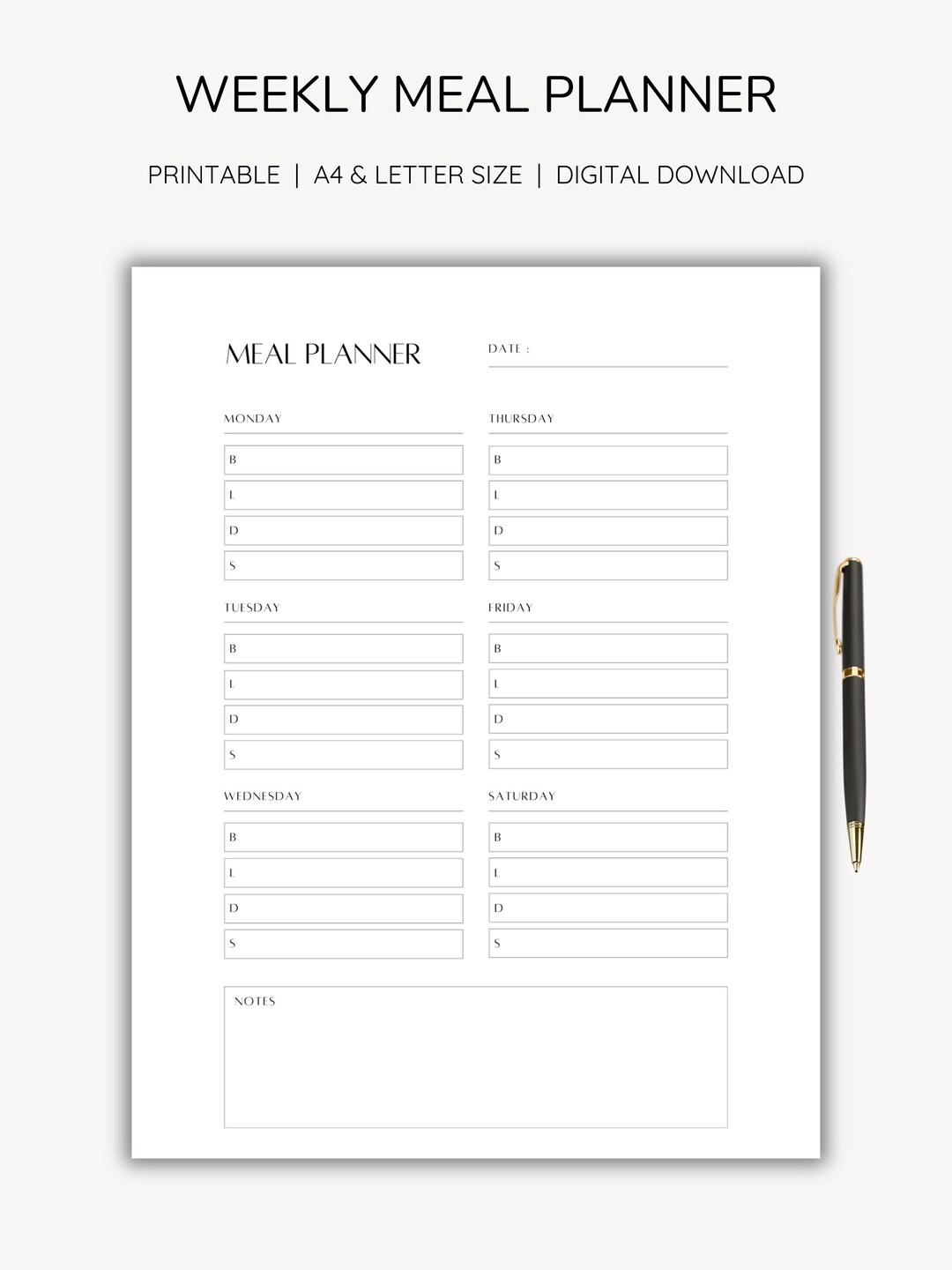 Weekly Meal Planner: Printable Food Diary, A4/letter Size (digital ...