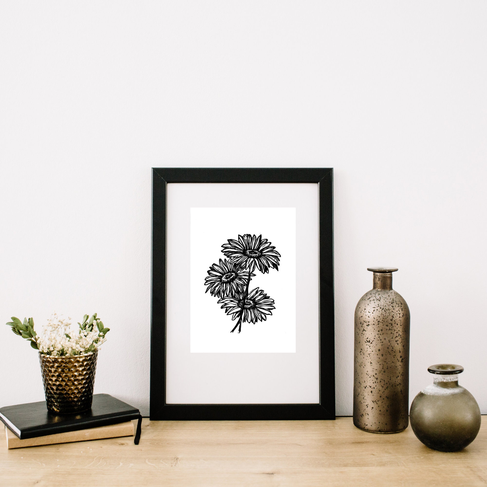 Daisy Linocut Illustration | Black and White | Linocut | Instant ...