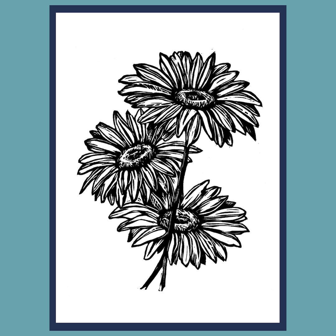 Daisy Linocut Illustration | Black and White | Linocut | Instant ...