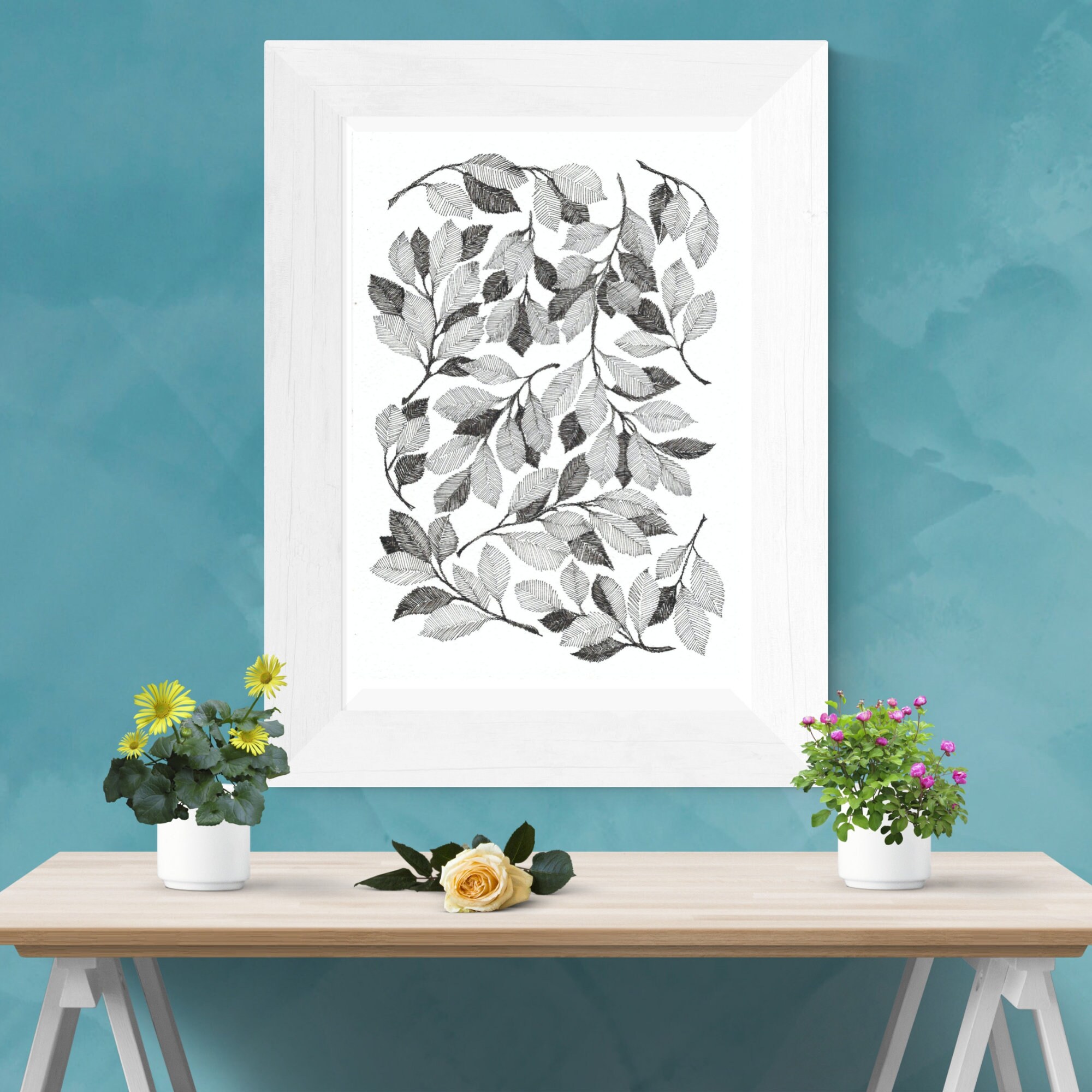 Leaves Ink Illustration Black and White Hand Drawn Instant Download ...
