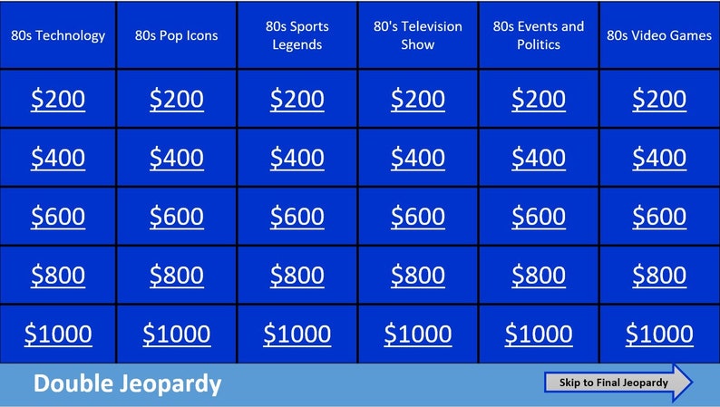 The Ultimate 80s Jeopardy Powerpoint Game - 1980 Trivia Quiz Game -fully Customizable Template ...