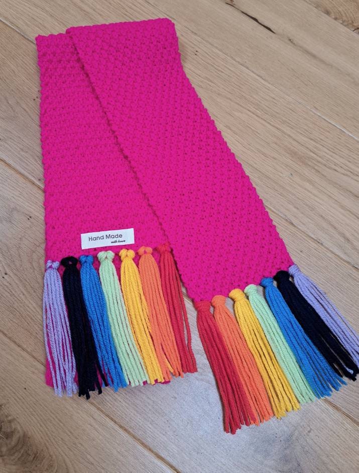Hand Knitted Childrens Scarf With Rainbow Tassels to Fit Ages 3 6 Years ...