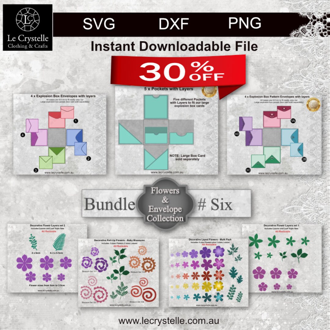 SVG Explosion Box BUNDLE Six Envelopes and Flowers/cut File/svg Cards ...