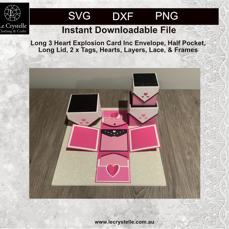 SVG Heart Explosion Box/3 Hearts Long Lid/cut File/exploding Card ...