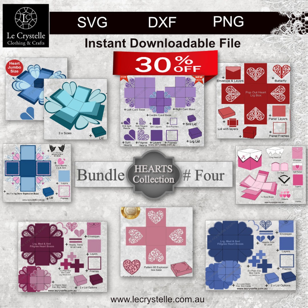 SVG Explosion Box BUNDLE Four Hearts/cut File/exploding Card Template ...