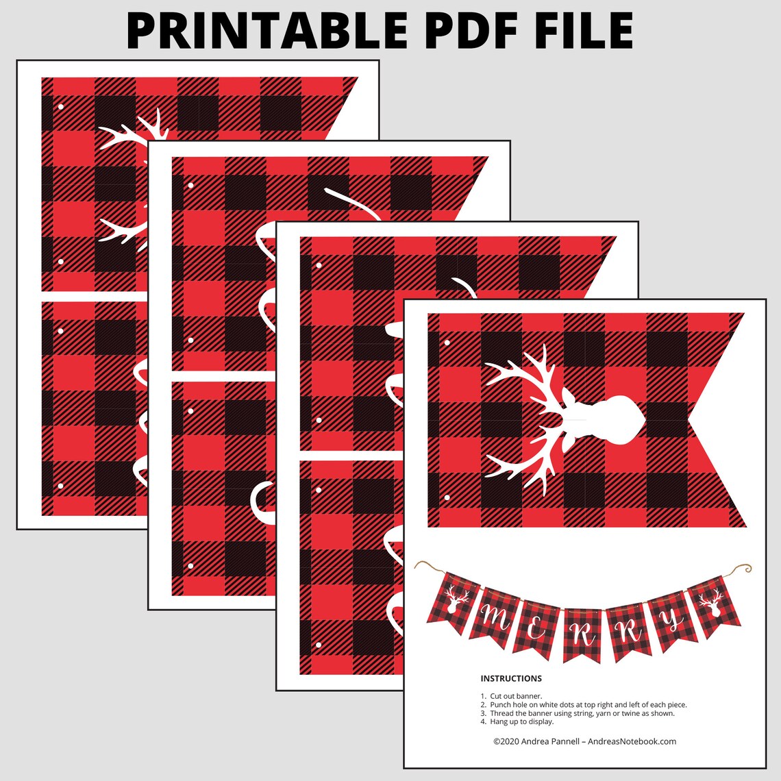 Printable Black + Red Buffalo Plaid Merry Bunting for Christmas - Etsy