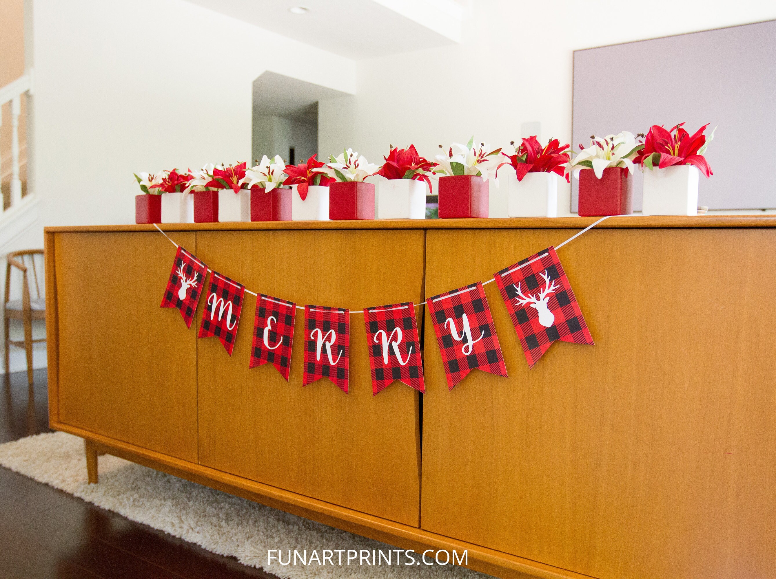 Printable Black + Red Buffalo Plaid Merry Bunting for Christmas - Etsy