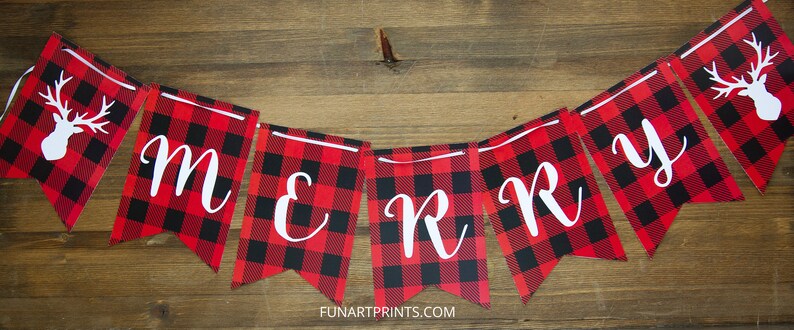 Printable Black + Red Buffalo Plaid Merry Bunting for Christmas - Etsy
