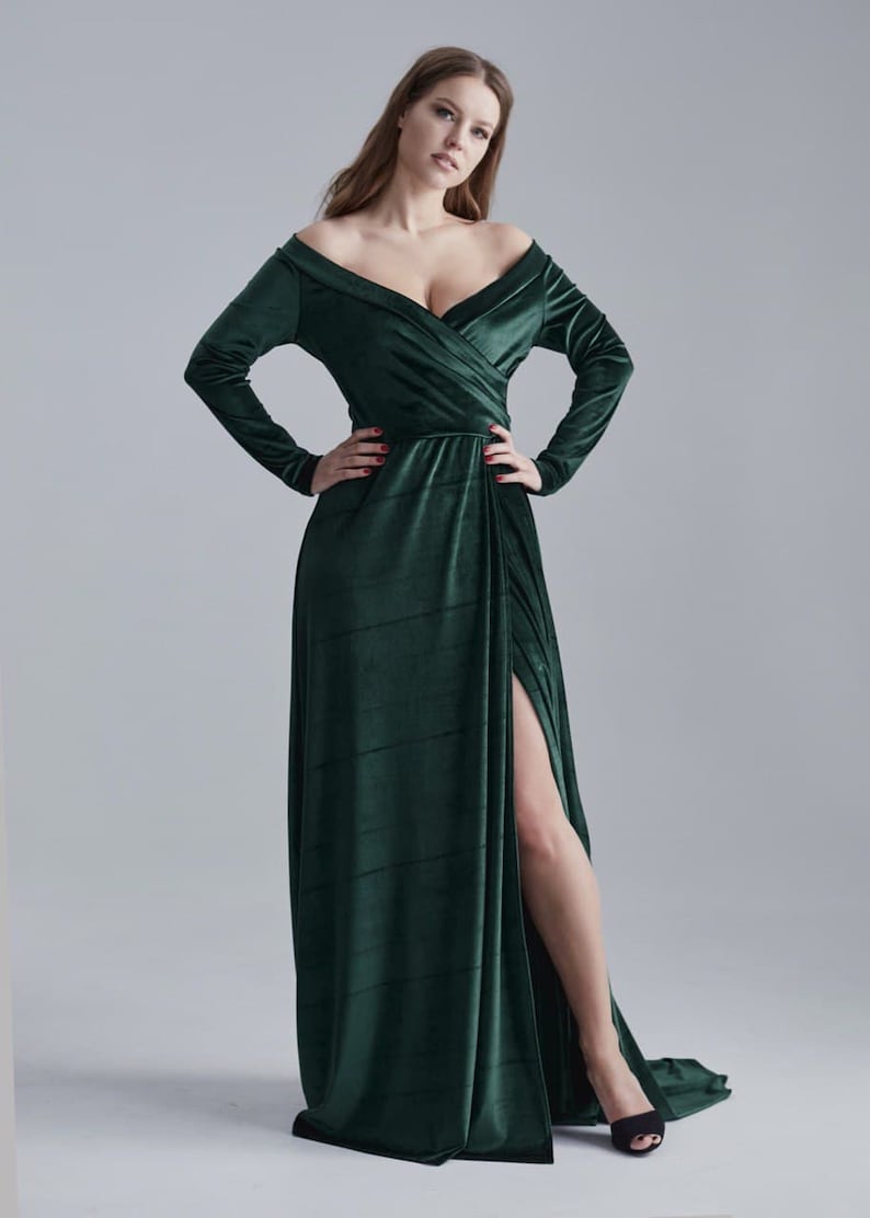 Emerald Green Velvet Dress With Train off Shoulder Velvet - Etsy