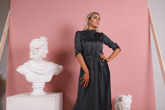 Graphite Silk Midi Dress Midi Dress With Pleated Skirt | Etsy