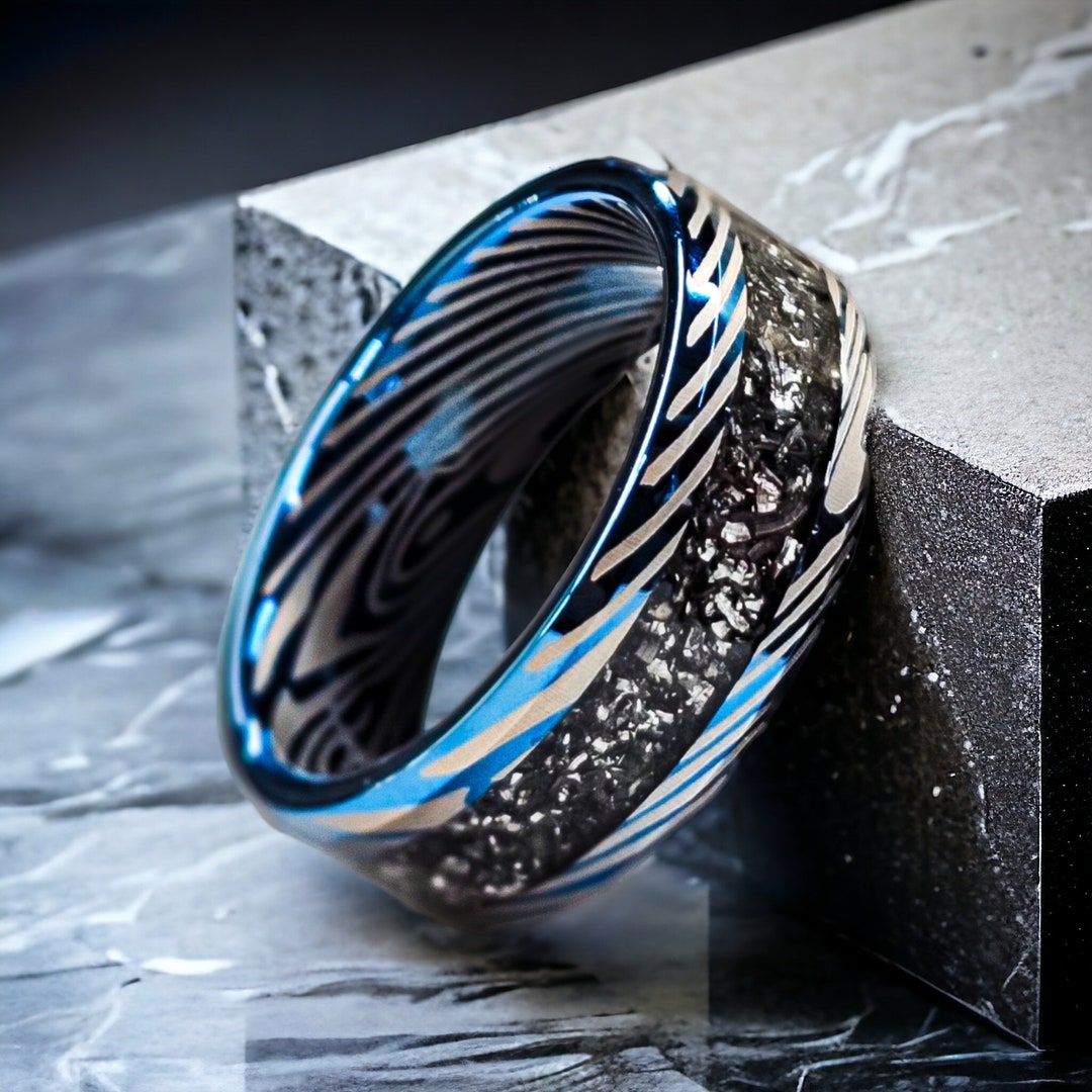 Damascus Blue Tungsten Meteorite Ring for Men and Women, Inlayed With ...
