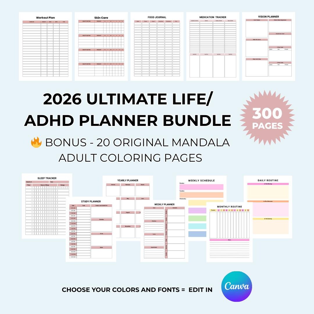 ADHD Planner Bundle – 300+ Pages, Mandala Coloring Pages (printable) - Etsy