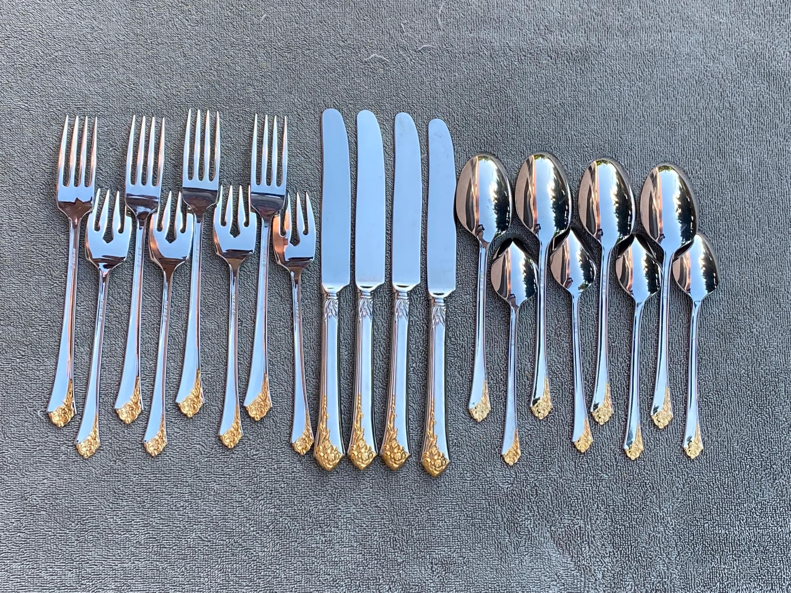 Oneida Golden Damask Rose Heirloom Stainless Steel Flatware 20 Piece ...