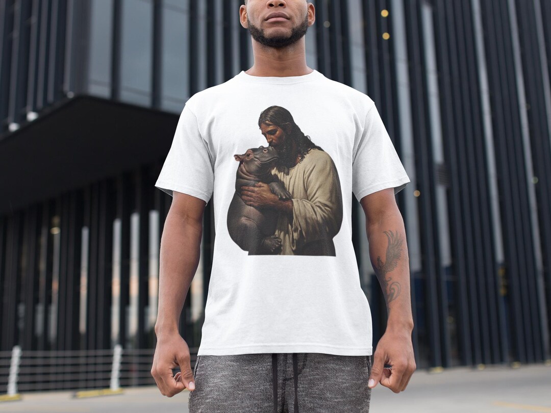 Moo Deng Jesus Shirt, Funny Moo Deng Shirt, Jesus Holding Baby Hippo ...