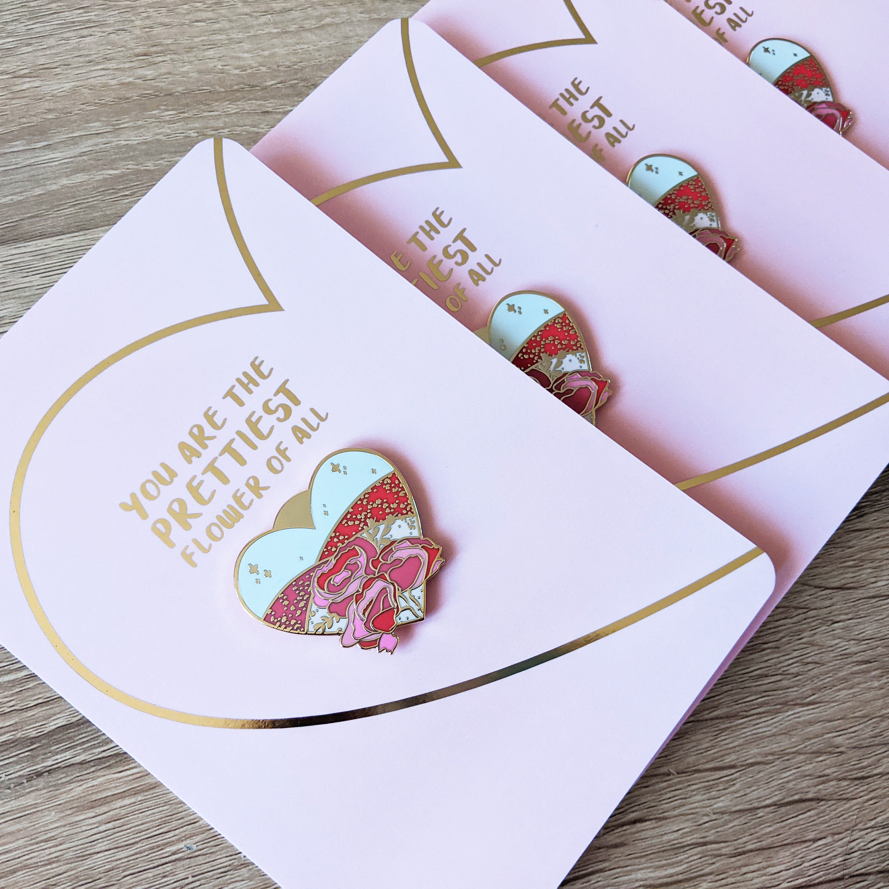 Heart Enamel Anniversary Card | Pink Lapel Pin Greeting Card | Gold ...