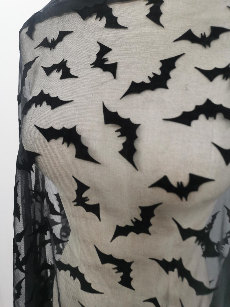 Bat Fabric Black Bats Flocked on Mesh Fabric Mesh Bat Fabric Halloween ...