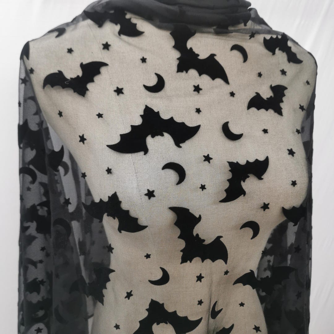 Halloween Bat Fabric Black Bats Flocked on Mesh Fabric Mesh Bat Fabric ...