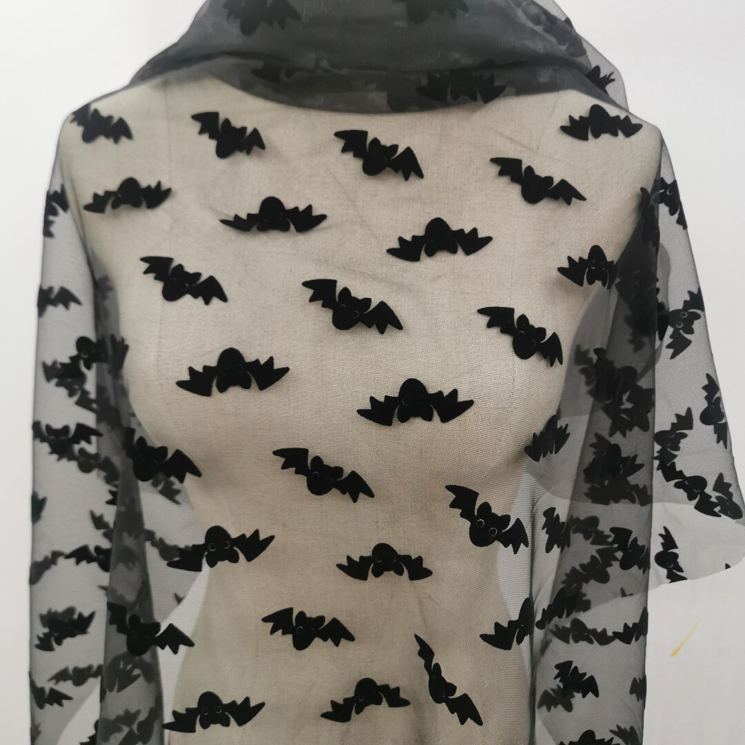 Halloween Bat Fabric Black Bats Flocked on Mesh Fabric Mesh Bat Fabric ...