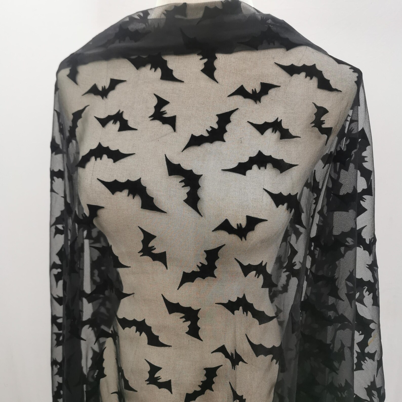 Bat Fabric Black Bats Flocked on Mesh Fabric Mesh Bat Fabric Halloween ...