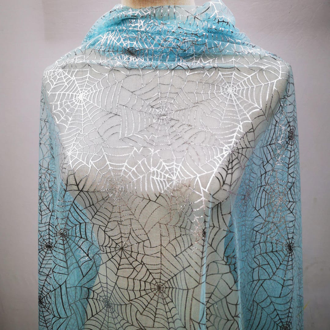 Spider Web Fabric Silver Foiled Spider Web on Blue Mesh Fabric Spider ...